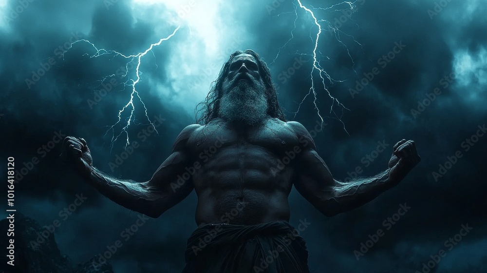 Zeus the Greek god summoning lightning on Mount Olympus, muscular ...
