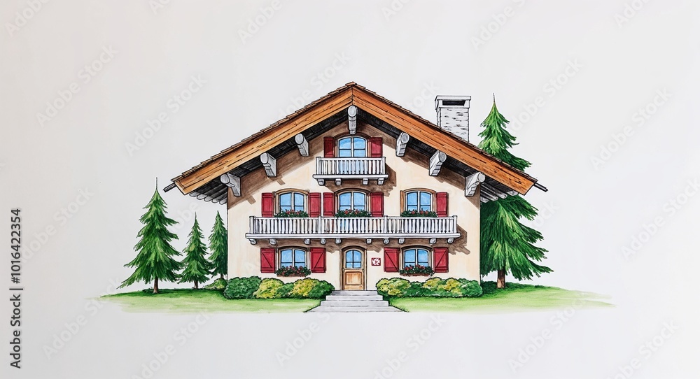 Hand drawing clipart of a Swiss chalet style house with overhanging ...