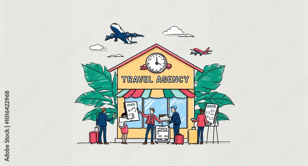 Hand drawing clipart of a travel agency with agents planning trips on ...