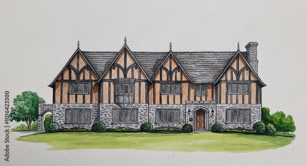 Hand drawing clipart of a Tudor style manor house with stone facade on ...