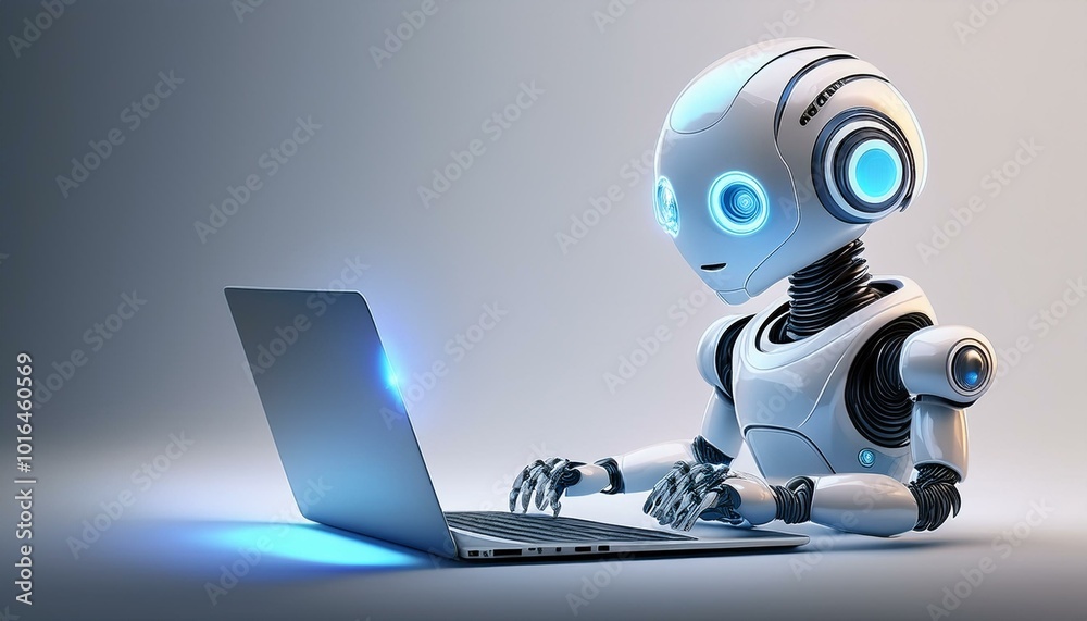 Cute friendly artificial intelligence robot using laptop computer with ...