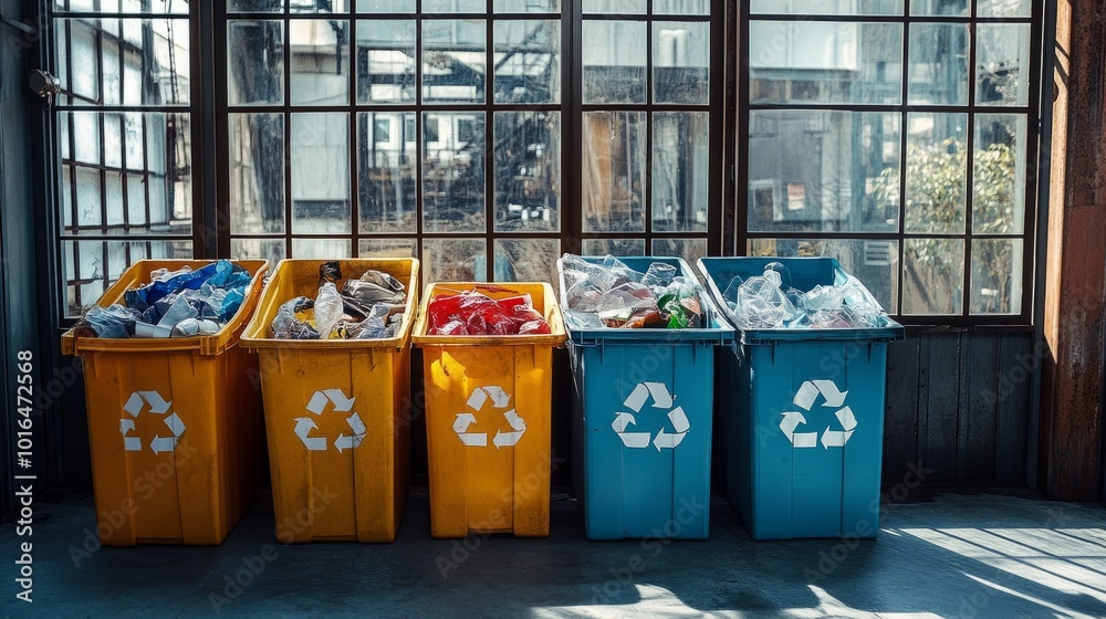 Recycling bins in an industrial setting with clear windows, filled with ...