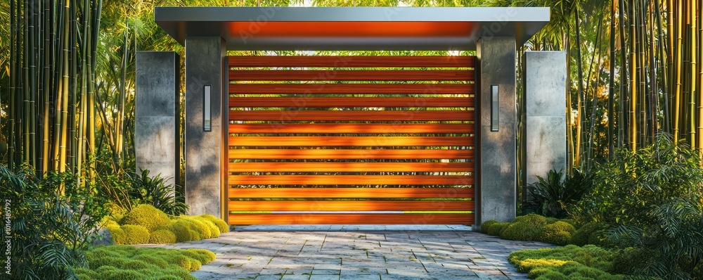 Contemporary gate with horizontal vibrant orange wooden slats, flat ...