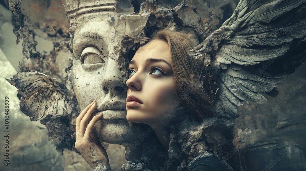 Half statue half real woman. Marble sculpture of beautiful goddess ...