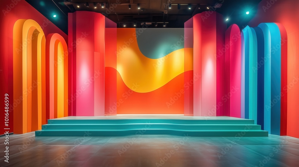 Colorful abstract 3D stage set with vibrant arches and waves. Stock ...