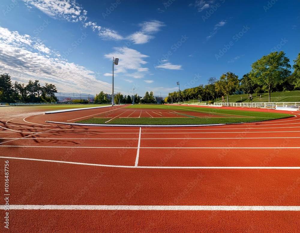 High school track and field ground, red running tracks with white lines ...