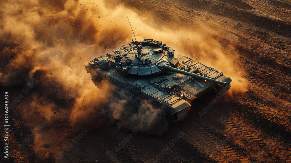 dynamic photo of tank maneuvering through dusty terrain, showcasing its ...