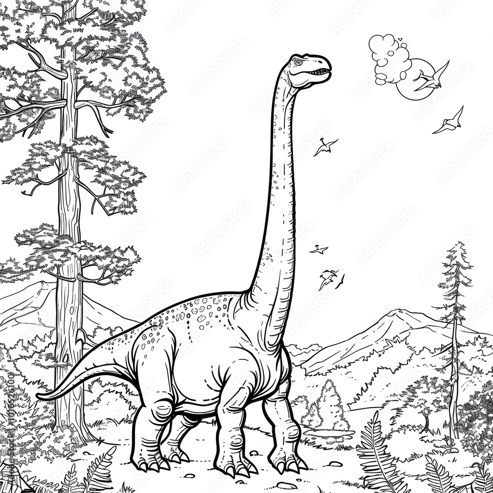 Simple Brachiosaurus Coloring Page for Kids in Prehistoric Forest Stock ...