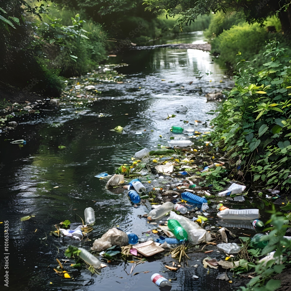 Polluted River Clogged with Floating Plastic Waste and Garbage Stock ...