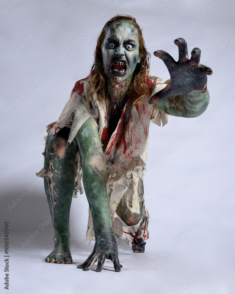 portrait of scary female model wearing spooky halloween costume, ripped ...