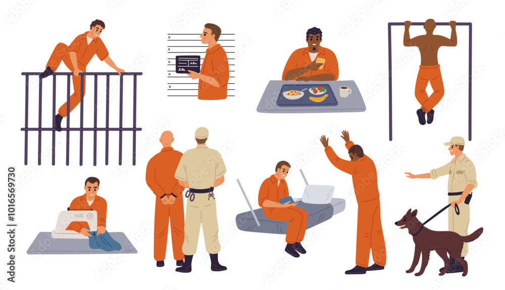 Cartoon people in prison. Prisoner characters. Men in orange jumpsuits ...