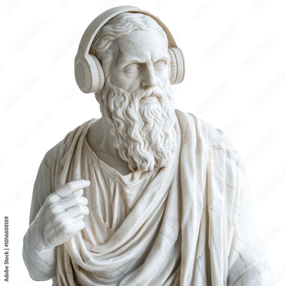 Ancient Greek Plato sculpture wearing headphones, marble sculpture ...