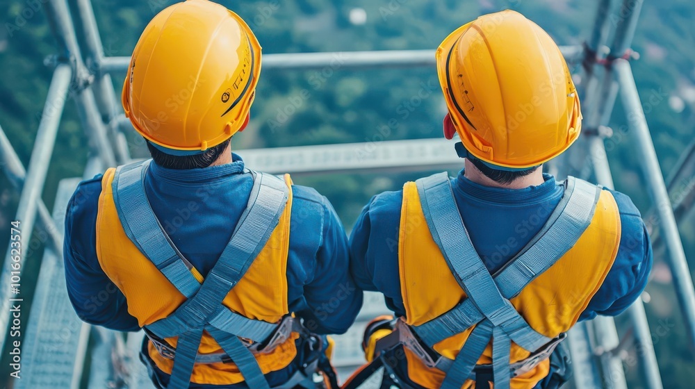Two construction workers in yellow helmets and safety harnesses ...