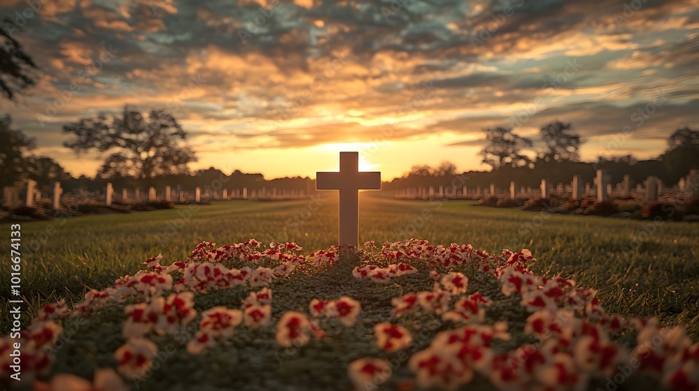 Serene sunset over a military cemetery with rows of crosses and folded ...