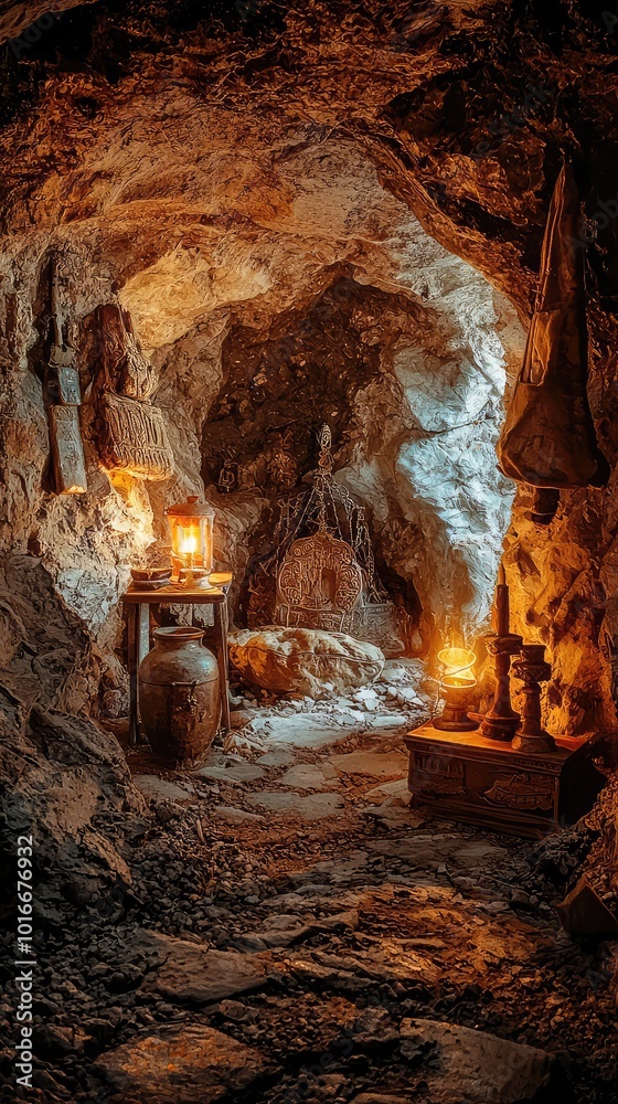 An ancient cave interior illuminated by soft lantern light, featuring ...