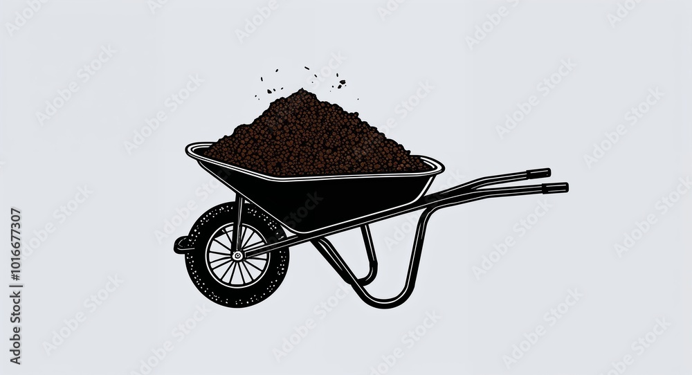 Hand drawing clipart of a wheelbarrow carrying soil in garden on plain ...