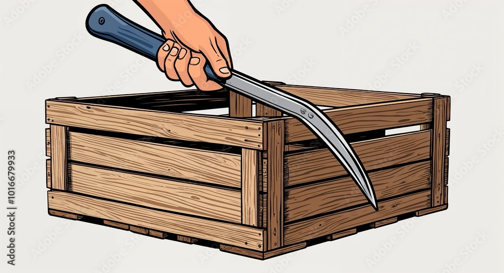 Hand drawing clipart of a crowbar prying open wooden crate on plain ...