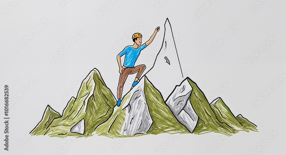 Hand drawing clipart of a man rock climbing mountain on plain white ...