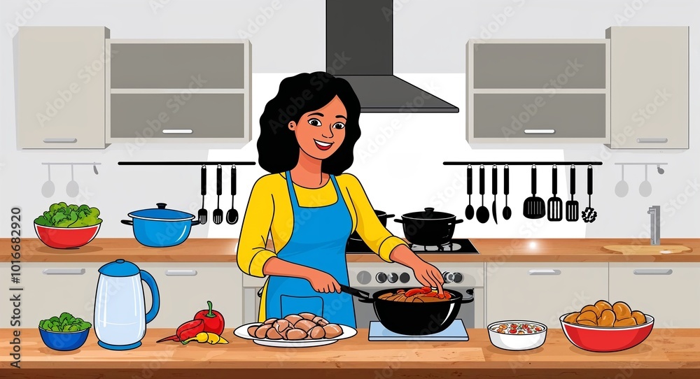 Hand drawing clipart of a mother cooking dinner in kitchen on plain ...