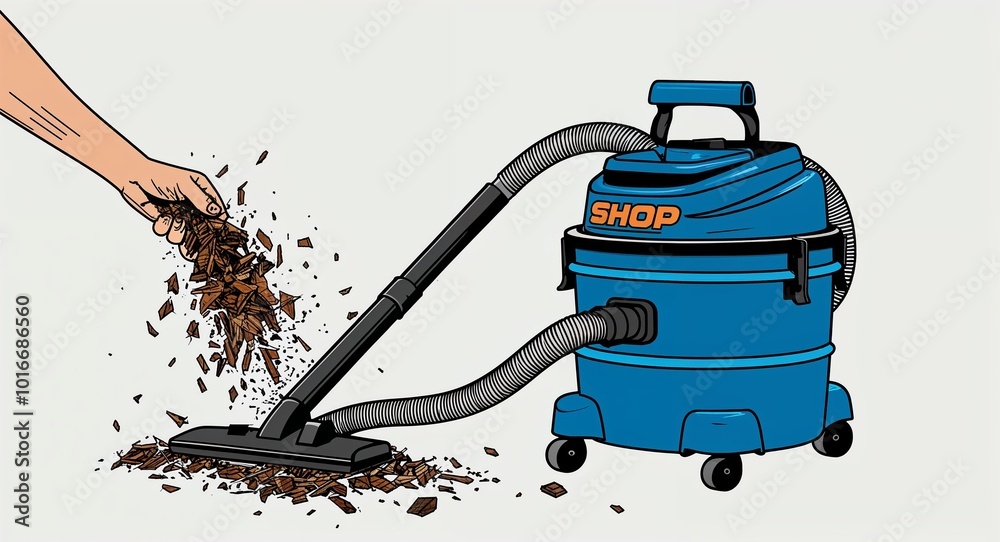 Hand drawing clipart of a shop vacuum cleaning debris on plain white ...