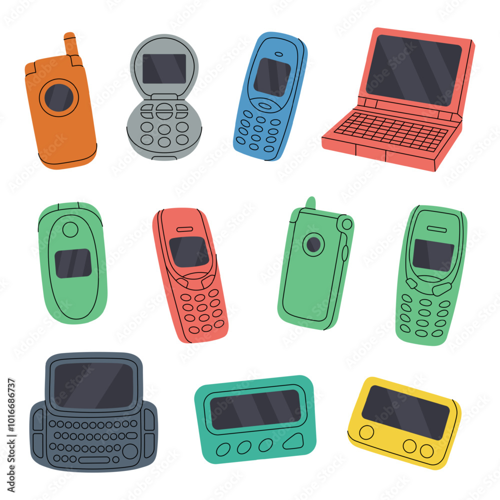 Retro phones set. Mobile phone from the 90s. Retro electronic devices ...