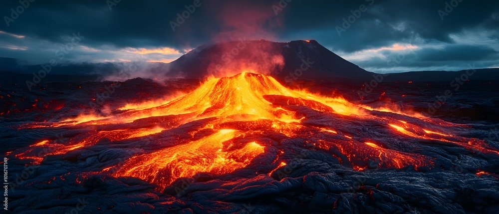 Glowing molten lava erupting from a dramatic fiery volcano at dusk ...