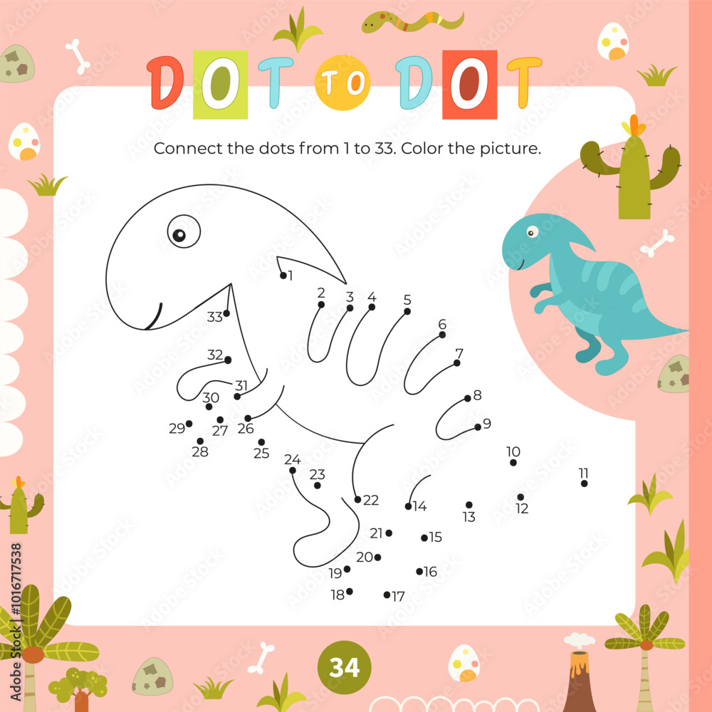 Dinosaur activities for kids. Dot to dot game – cute Dino. Connect the ...