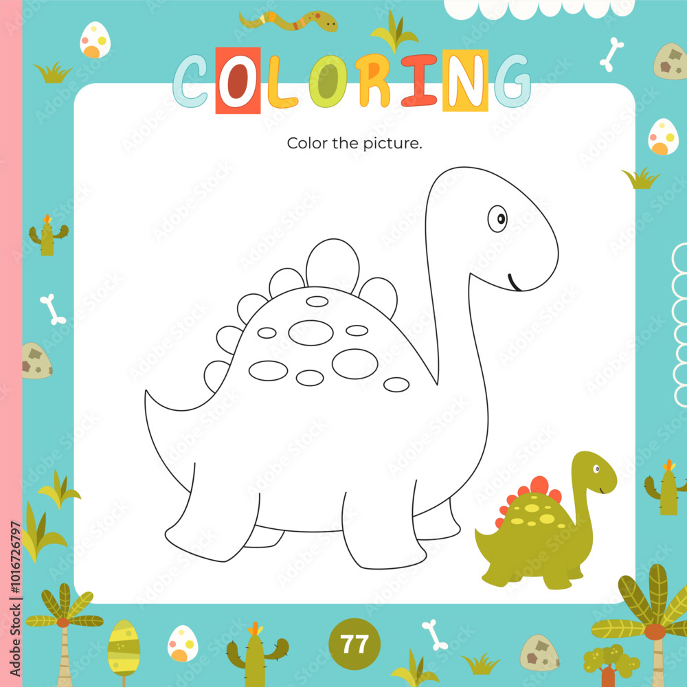 Coloring page for kids cute Dino. Preschool printable game for Activity ...