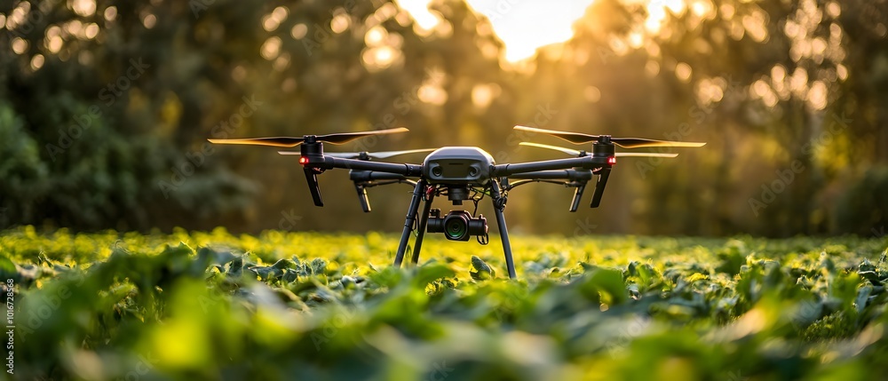 Aerial view of an AI controlled drone spraying crops in a smart farm ...
