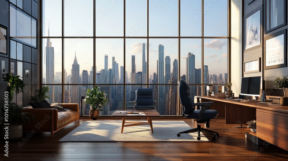 Spacious, unpopulated office workspace with contemporary design and ...