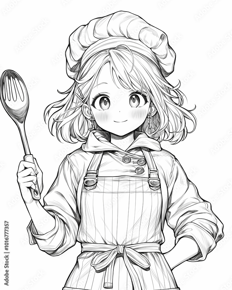 Coloring page for kids, coloring page girl cooking food. Stock ...
