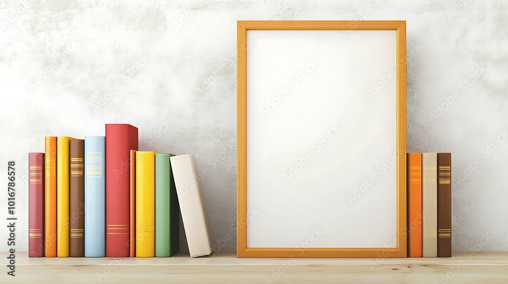 Mockup photo frame on bookshelf, wallpaper, creative image creation on ...