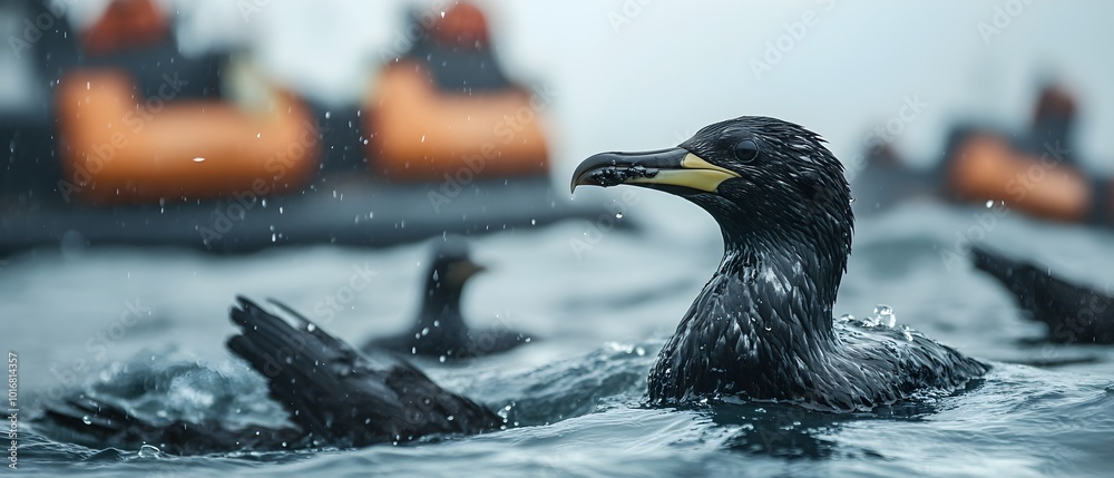 Seabirds Covered in Dark Oil Floating on Polluted Ocean Surface After ...