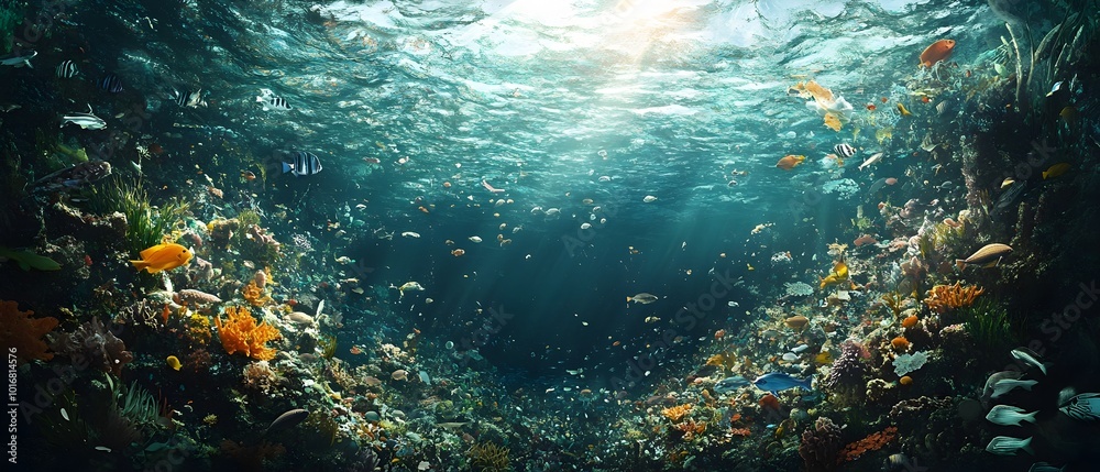 Surreal underwater landscape with plastic waste and marine life ...