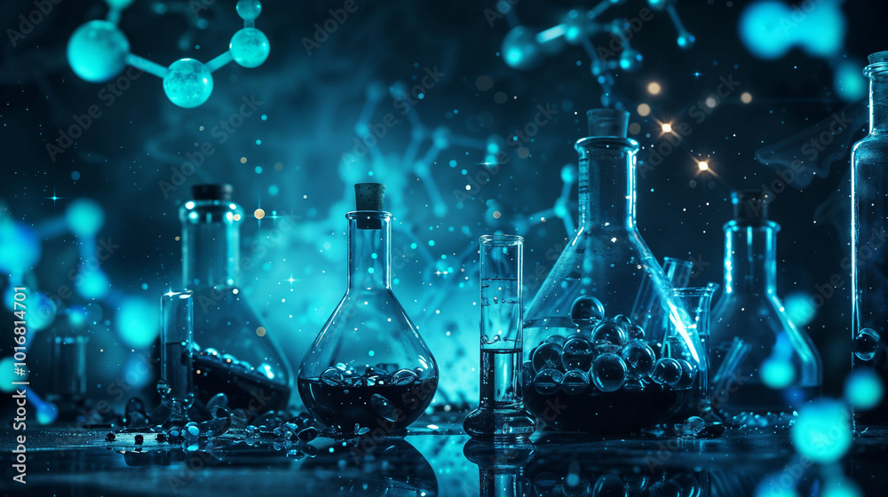 Mystical chemistry scene with glowing molecules and magical-looking ...