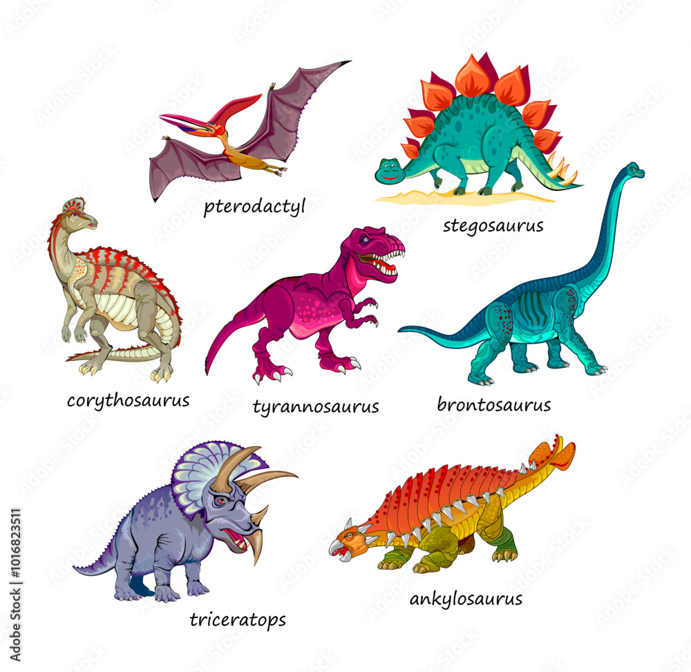 Set of illustration with prehistoric extinct dinosaurs. Jurassic world ...