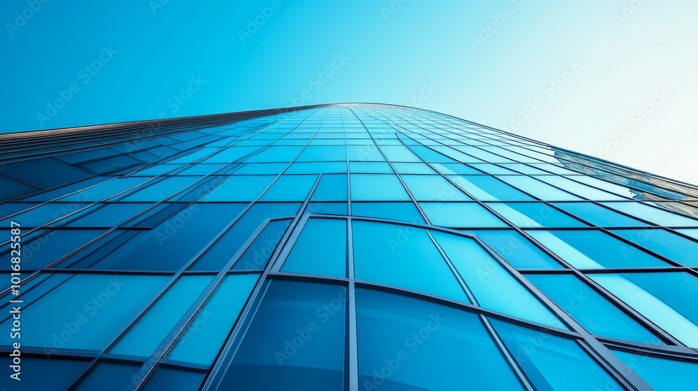 high rise curve glass building and dark steel window system on blue ...