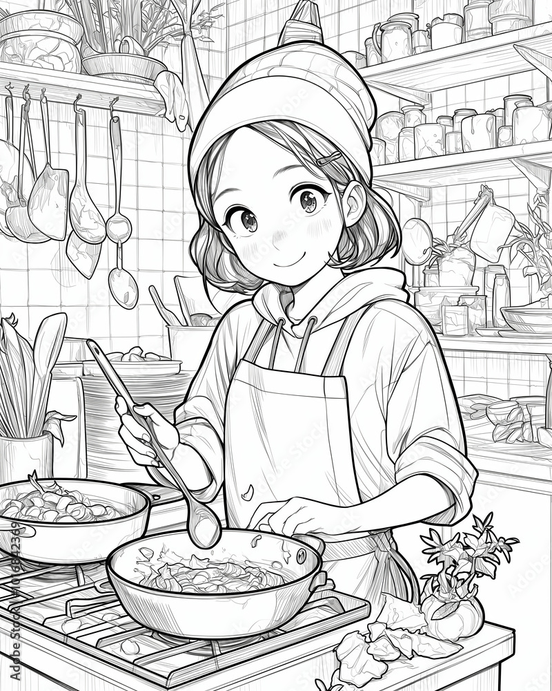 Coloring page for kids, coloring page girl cooking food. Stock ...
