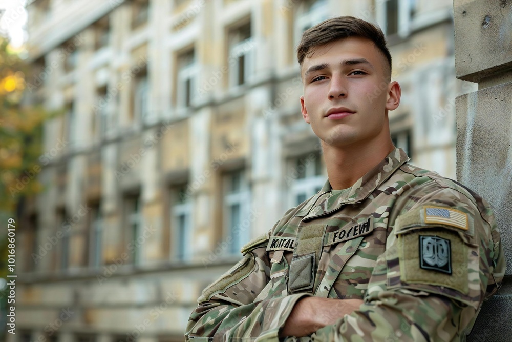 Middle-aged male Caucasian student soldier posing in front of ...