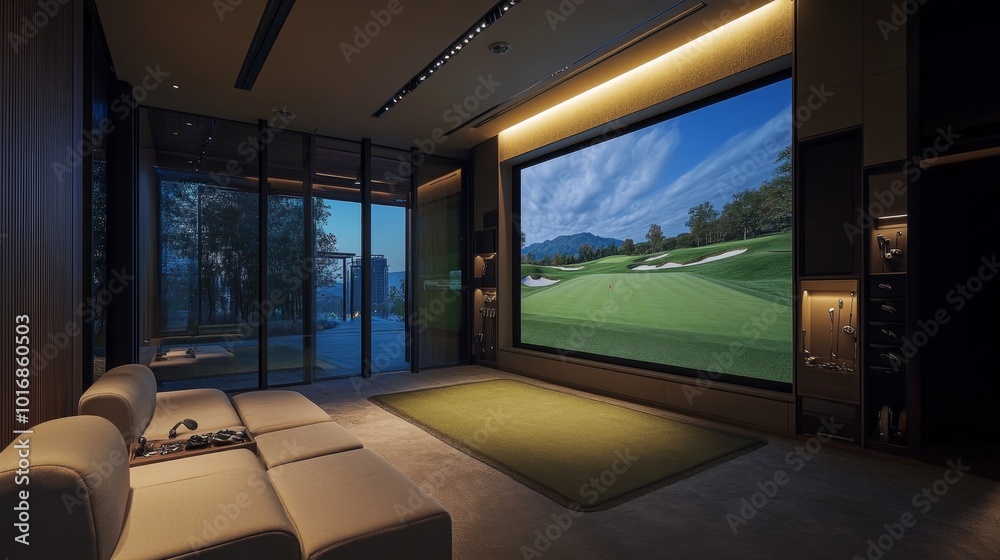 Modern indoor golf simulator room with a large screen displaying a golf ...
