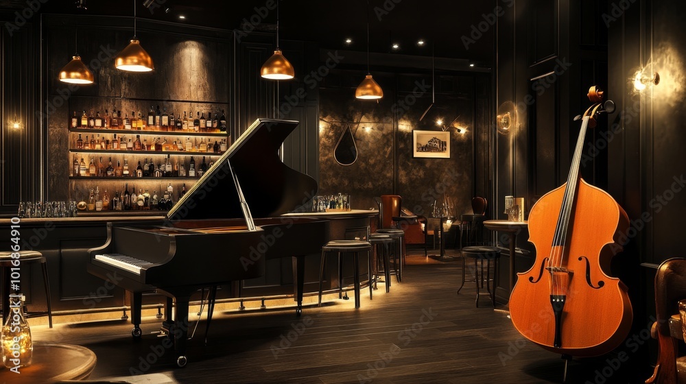 Modern jazz bar interior design, stage with black piano and cello ...
