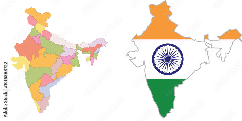 India map. A detailed illustration of India featuring two versions: a ...