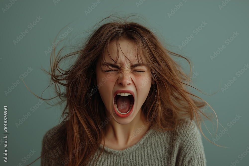 Emotional portrait of a young woman screaming, expressing raw emotion ...