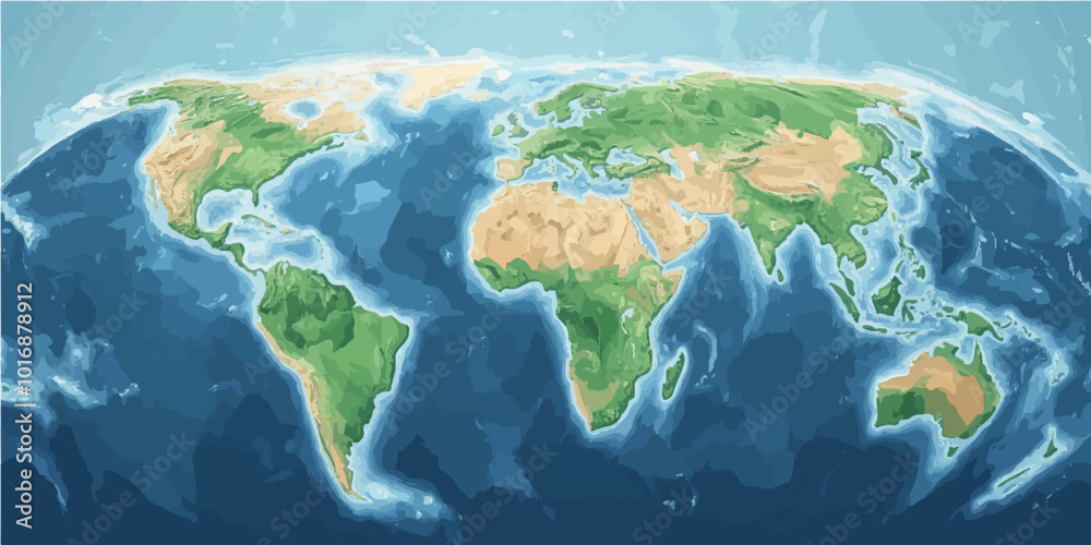 Stylized vector world map showing continents and oceans with artistic ...