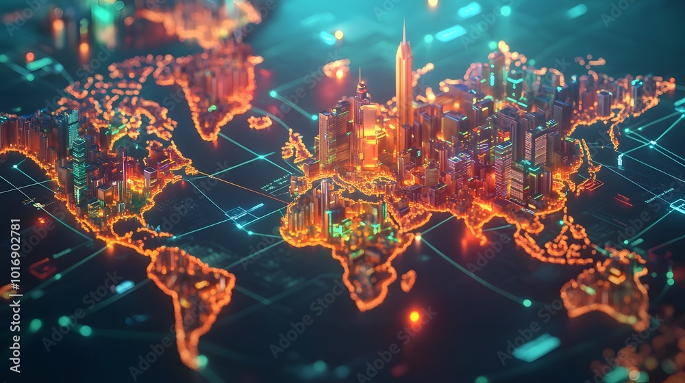 Global Financial Network: A sprawling isometric map of the world, with ...