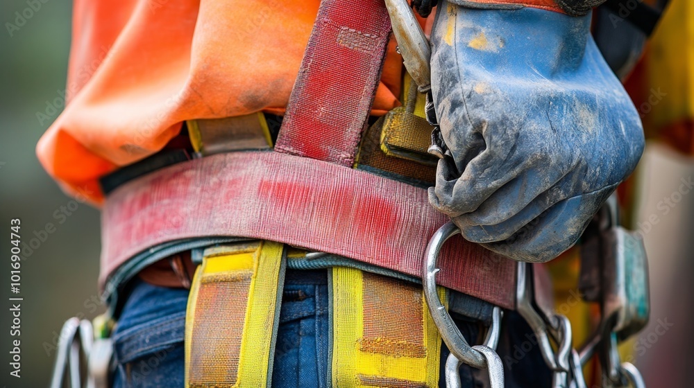 Detailed view of construction safety gear including harnesses, safety ...