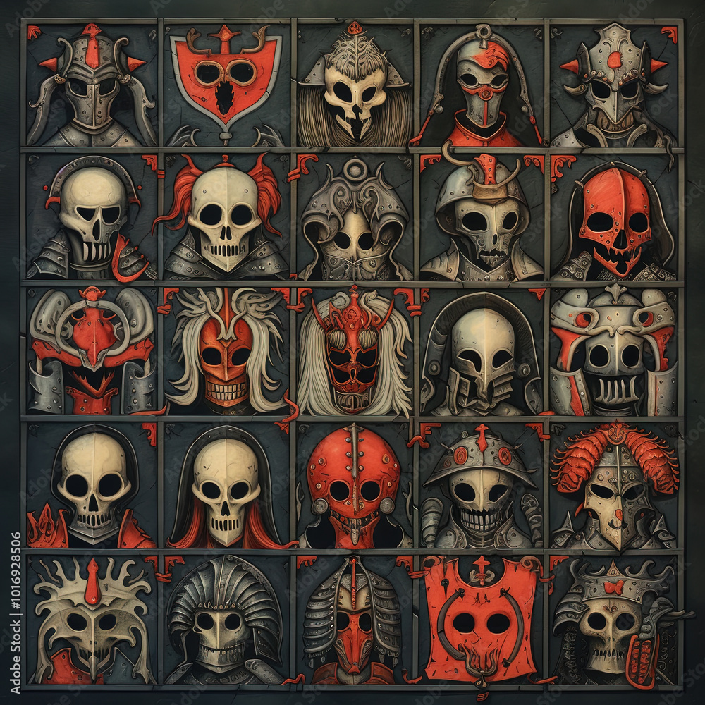 Mystic knight portraits set in metal armor. Occult scary knights in ...