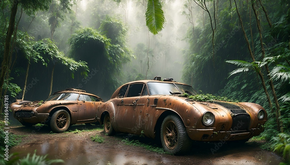 Futuristic vehicles rust in a retro-futuristic dystopia setting, in ...