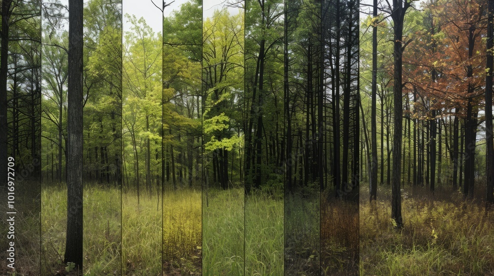 A series of photographs showcasing a chronosequence of a forested area ...