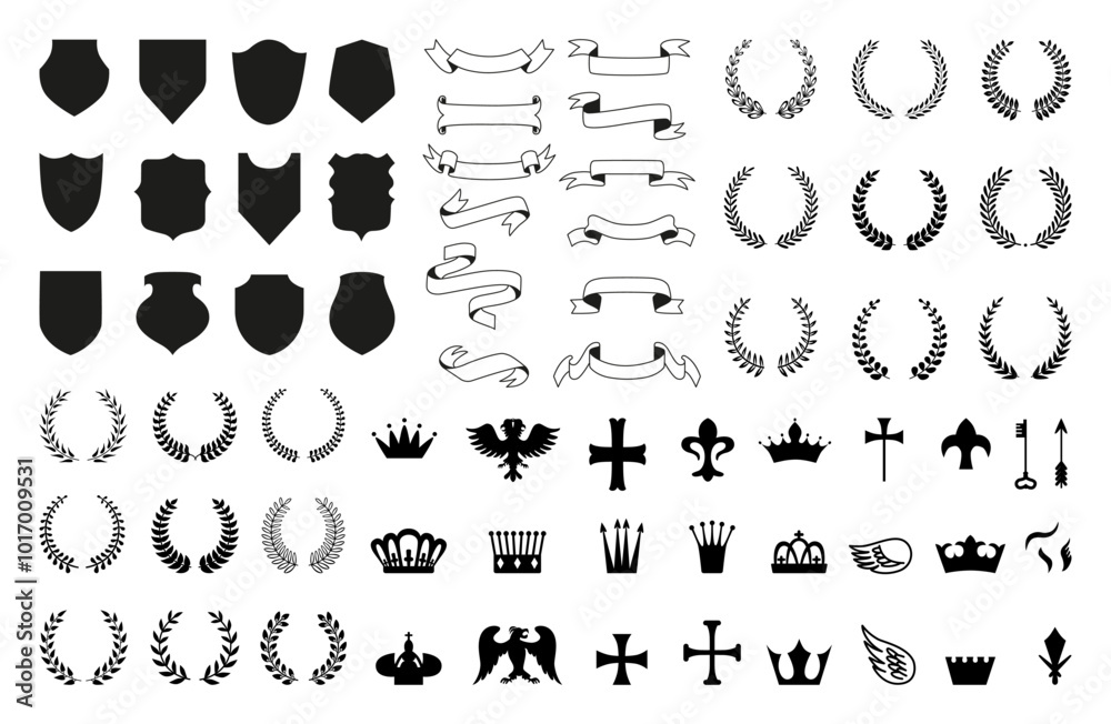 Heraldic symbols. Black laurel wreaths ribbons shields silhouettes ...